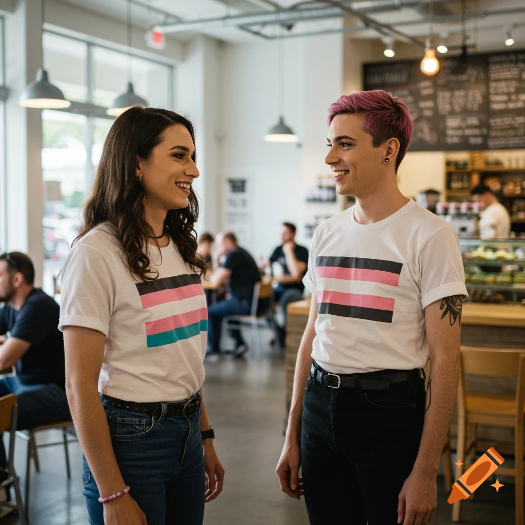 Two people wearing transgender flag t-shirts talk in a coffee shop. on ...