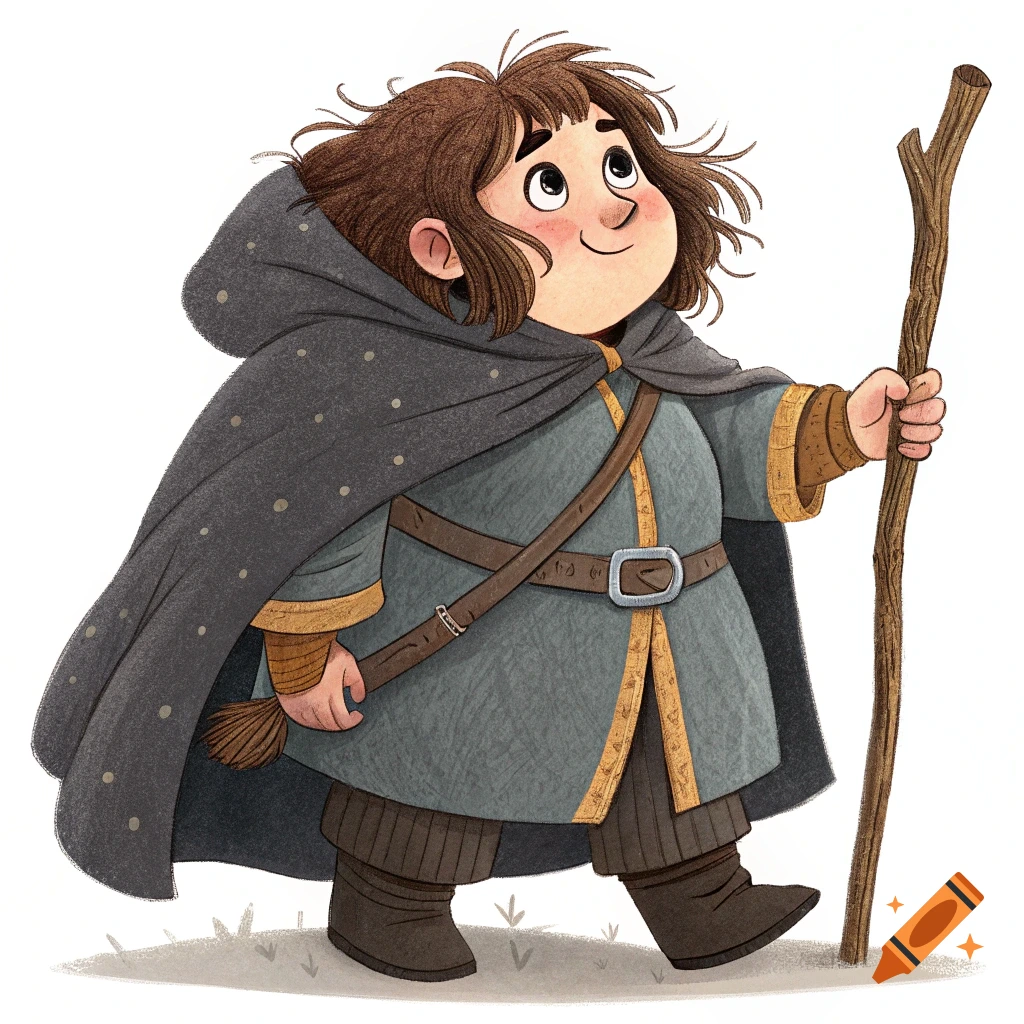 Cartoon illustration of a girl in a cloak holding a staff. on Craiyon