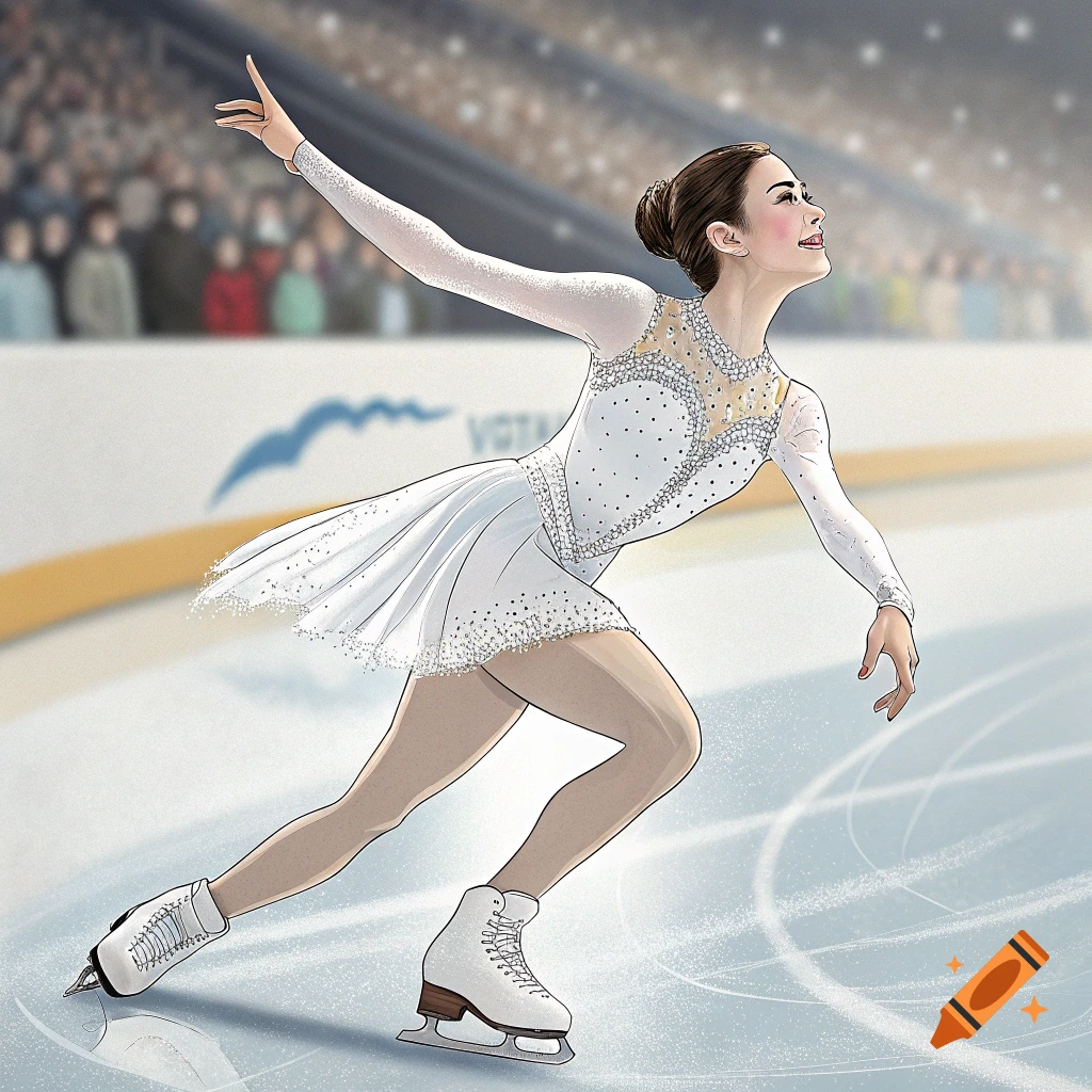 Illustration of a figure skater performing on the ice in an arena. on Craiyon