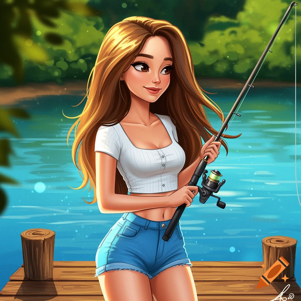 Fishing girl in white crop top and blue shorts on Craiyon