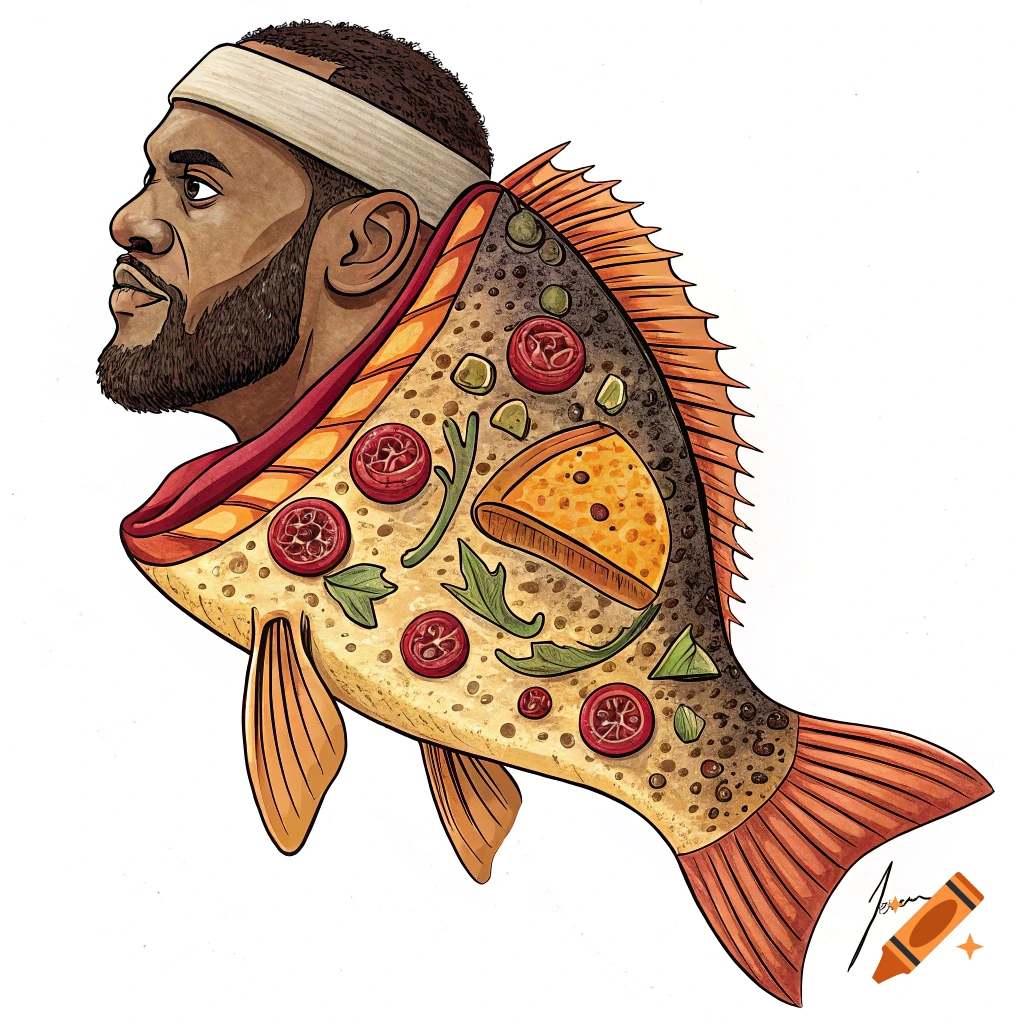 Illustration of LeBron James's head on a fish body covered in pizza ...