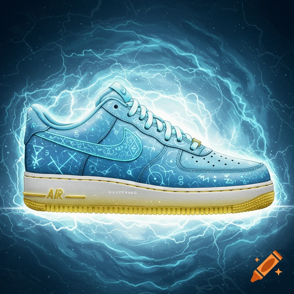 A vibrant blue Nike Air Force sneaker with swirling pink and green ...