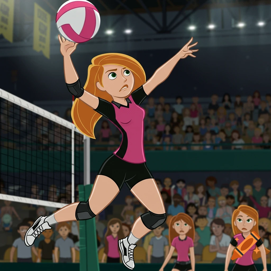 Cartoon character Kim Possible jumps to hit a volleyball during a game ...