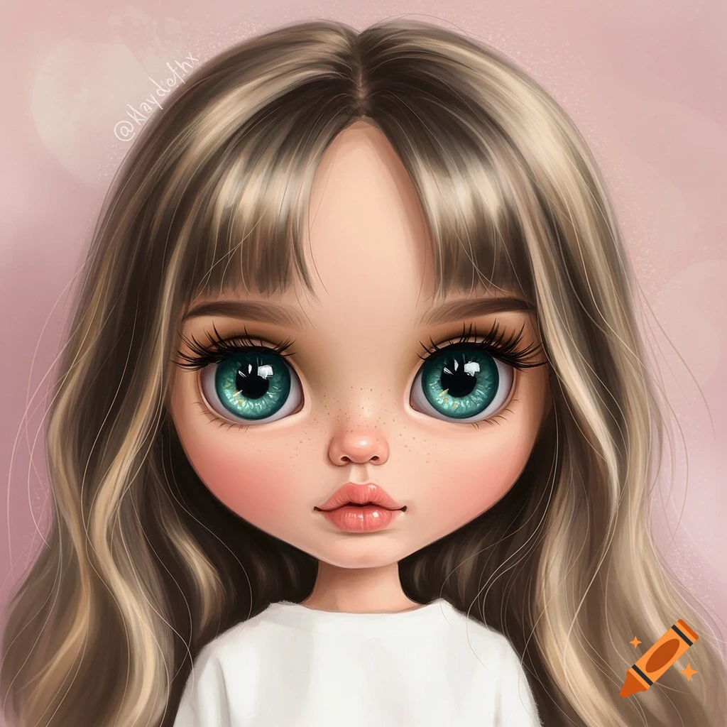 Stylized portrait of a doll-like girl with big eyes, long dark hair ...