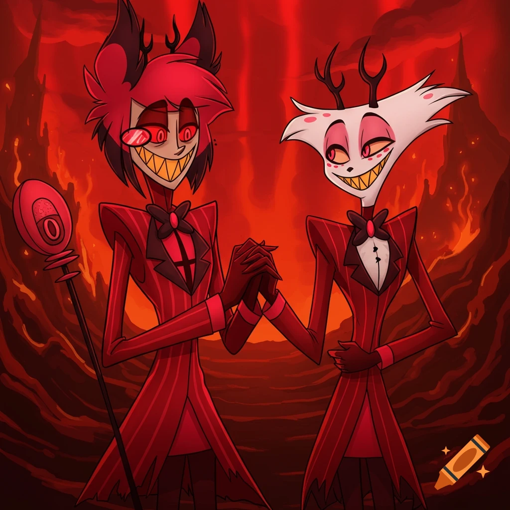 Cartoon characters Alastor and Lucifer from Hazbin Hotel hold hands ...