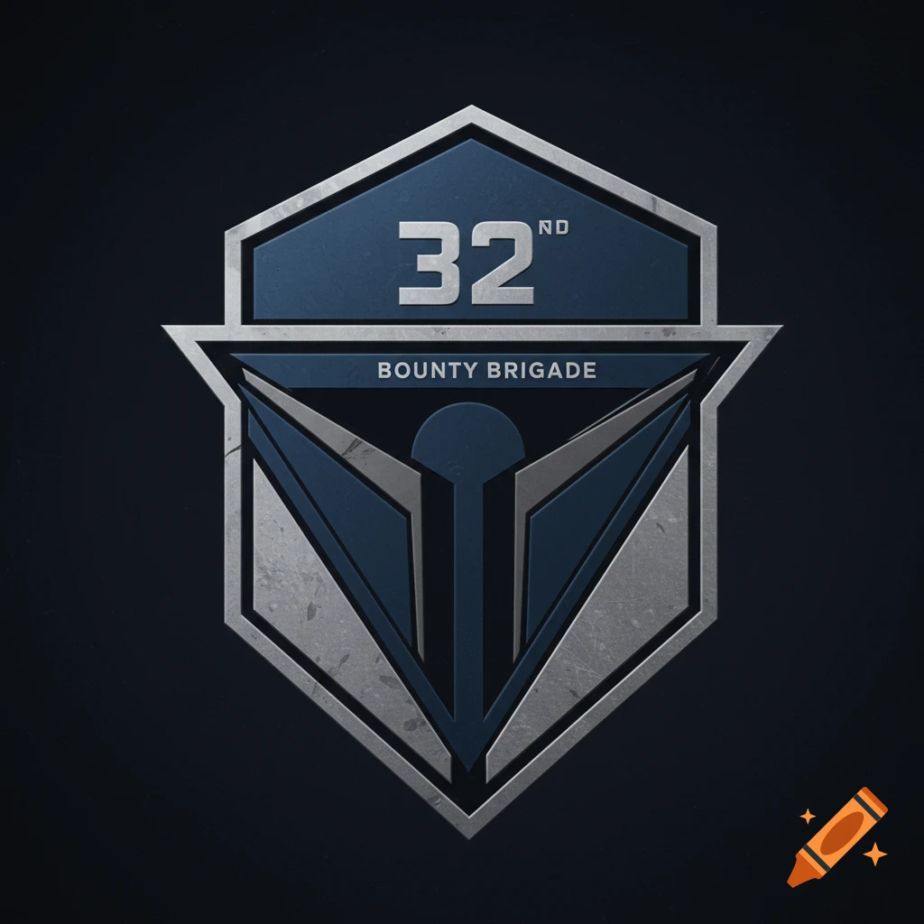 A blue and silver futuristic logo with the text '32ND BOUNTY BRIGADE ...