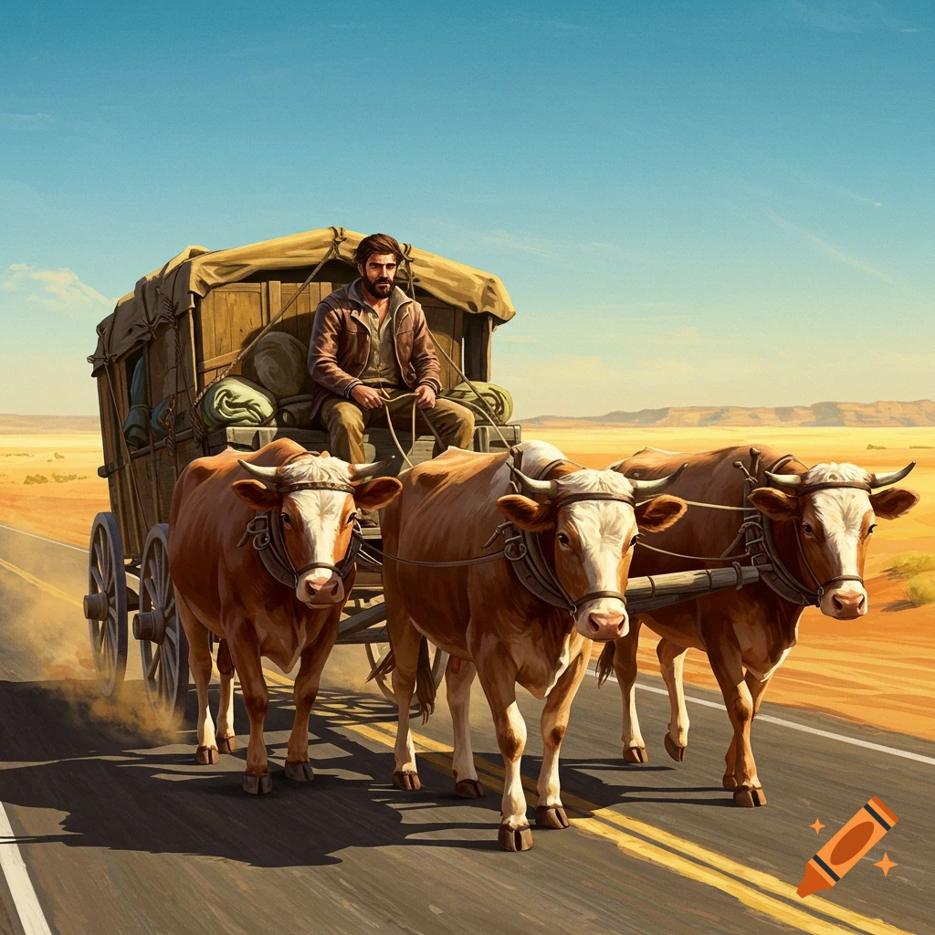 A man drives a covered wagon pulled by three cows down a highway ...