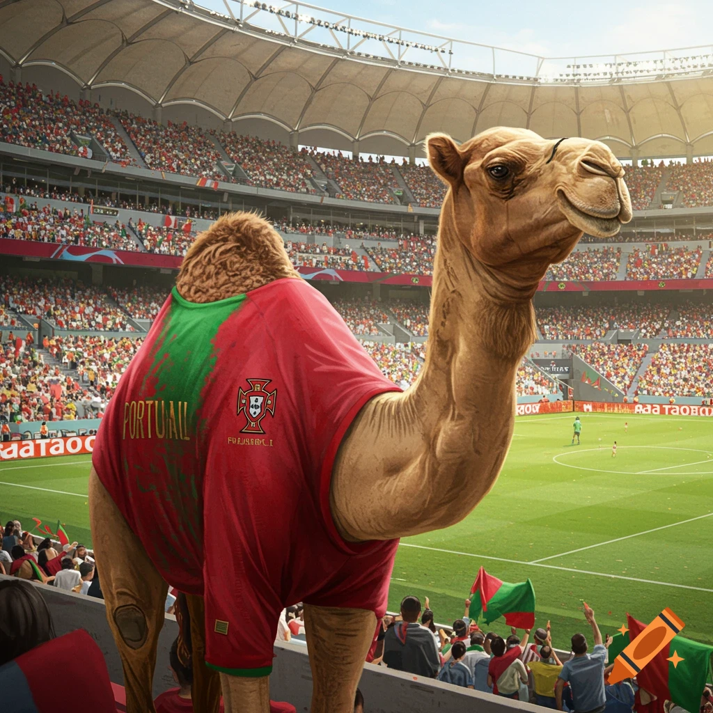 Camel wearing Portugal soccer jersey in stadium on Craiyon