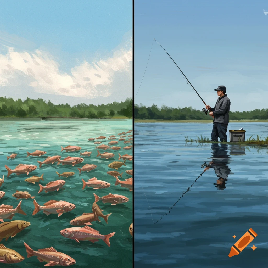 Split image: Left side shows a large school of fish swimming in a lake ...