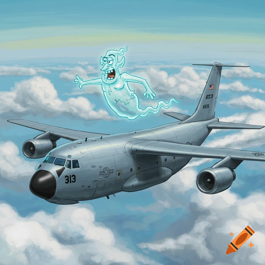 Cartoon Flying Dutchman ghost flies above a grey C-135 airplane in the ...