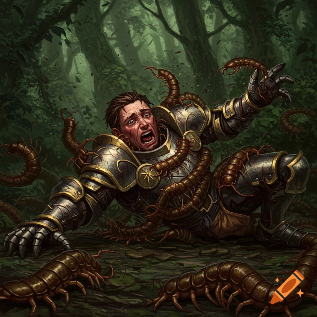 A person in armor screams in fear as centipedes crawl over them in a ...