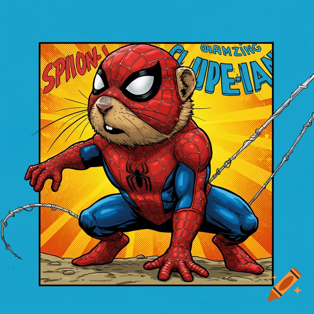 A gopher in a Spider-Man costume is crouched in a comic book style panel. on Craiyon