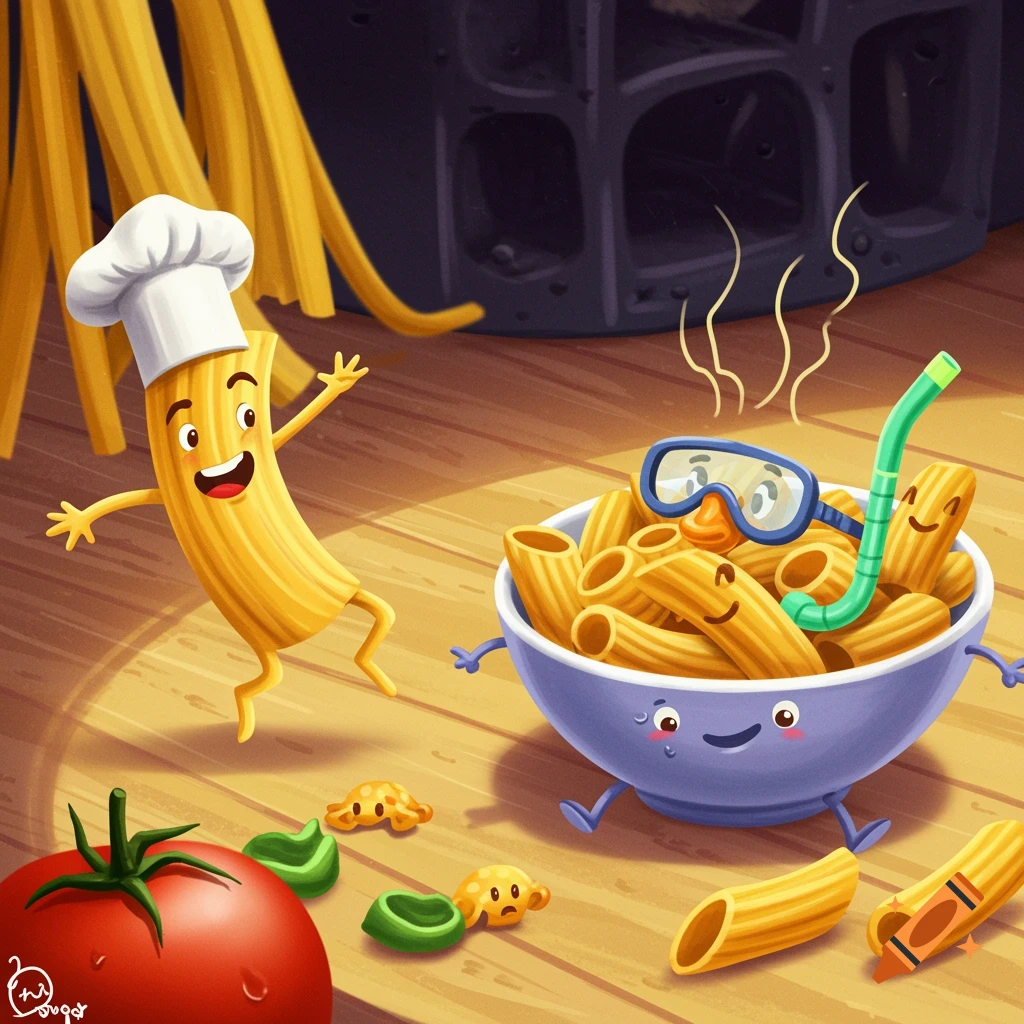 Cartoon image of smiling pasta characters, one a chef, one in a bowl ...