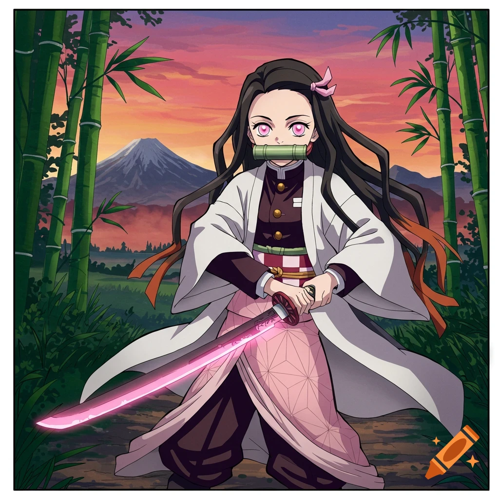 Anime character Nezuko from Demon Slayer stands with a glowing sword in ...