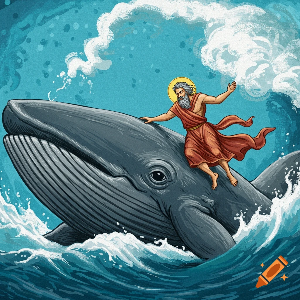 Illustration of a bearded man with a halo riding a large whale on rough ...