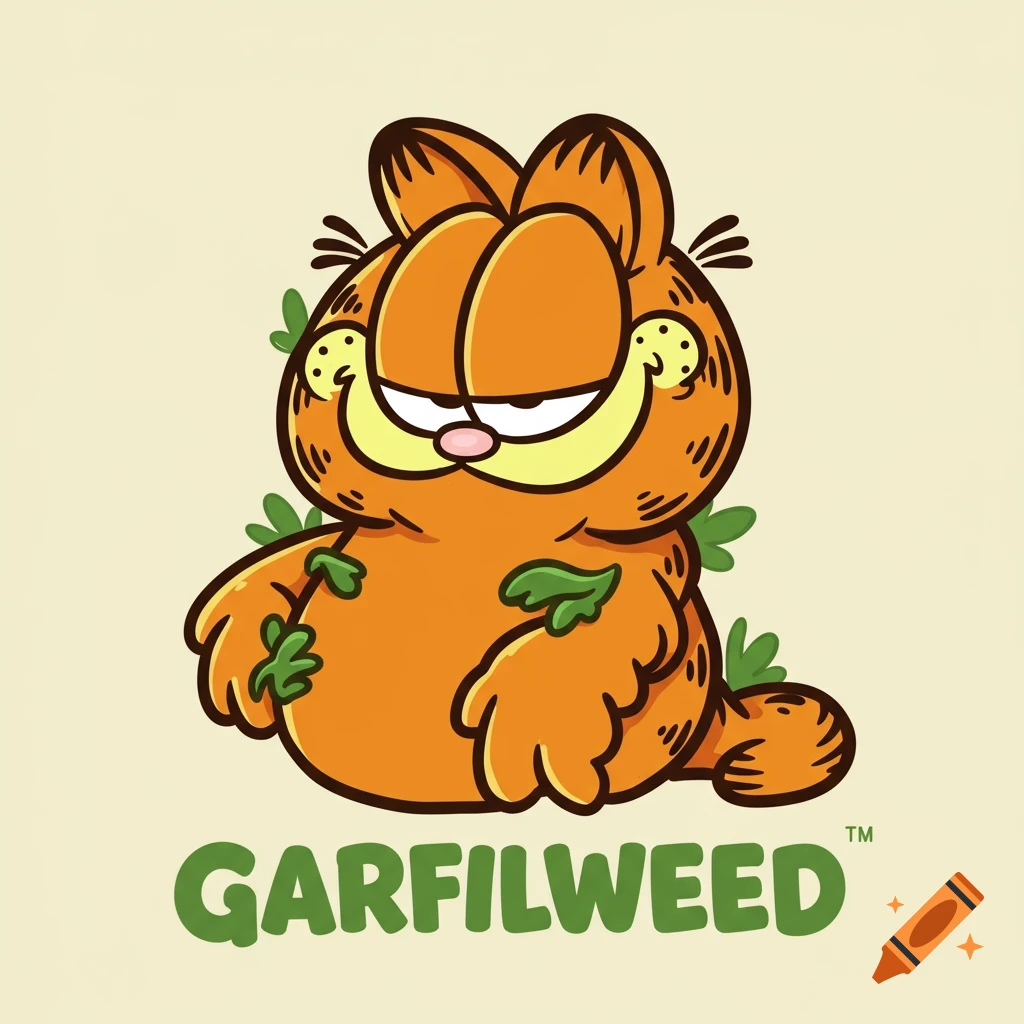 Stylized illustration of Garfield the cat surrounded by green leaves ...
