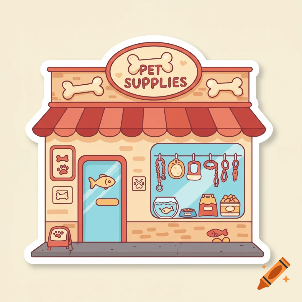 Cartoon pet supplies store icon with text, awning, and bone decorations ...