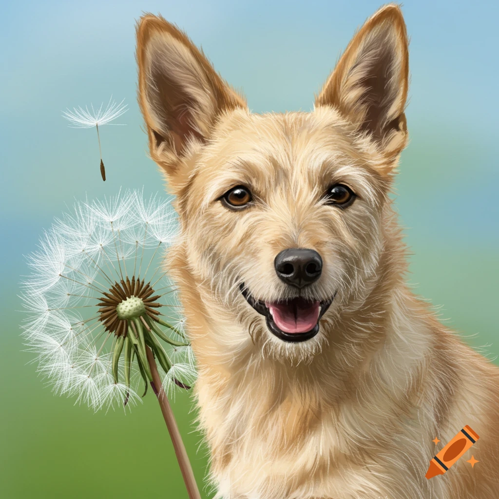 A scruffy tan dog with a large dandelion is in a field. on Craiyon