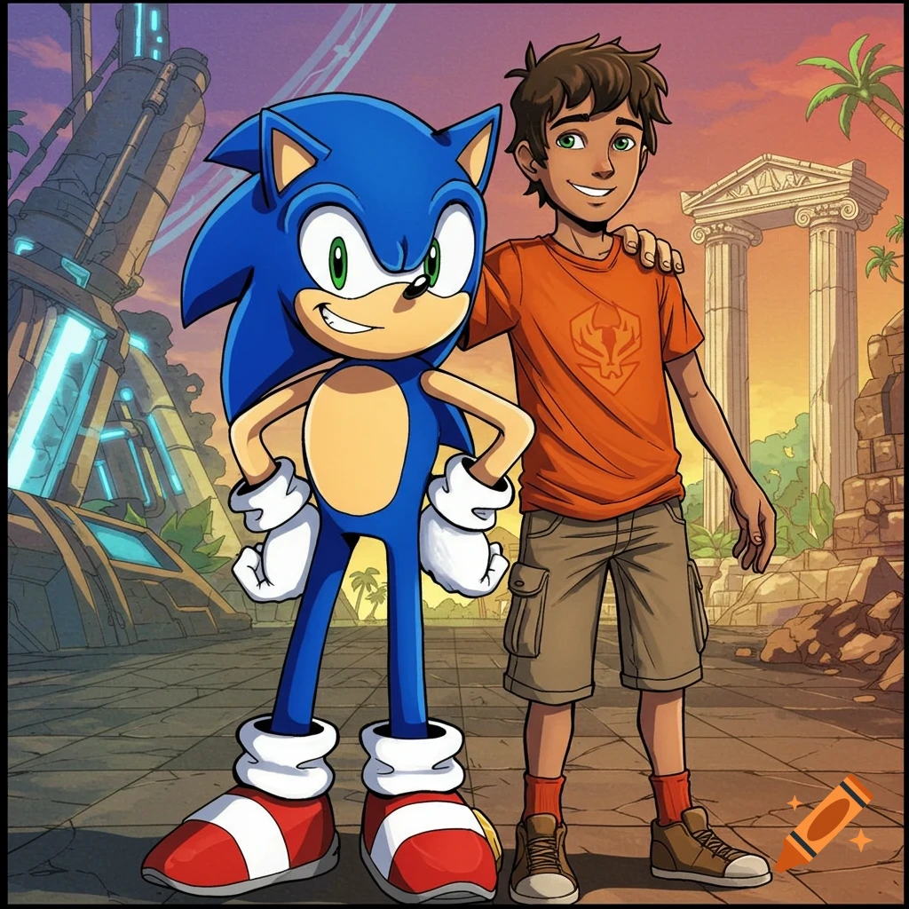 Sonic the Hedgehog and Percy Jackson stand smiling against a background ...