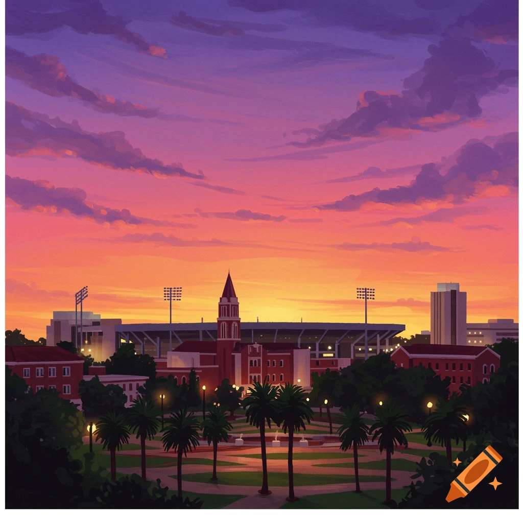 University campus at sunset with stadium, buildings, palm trees, and ...