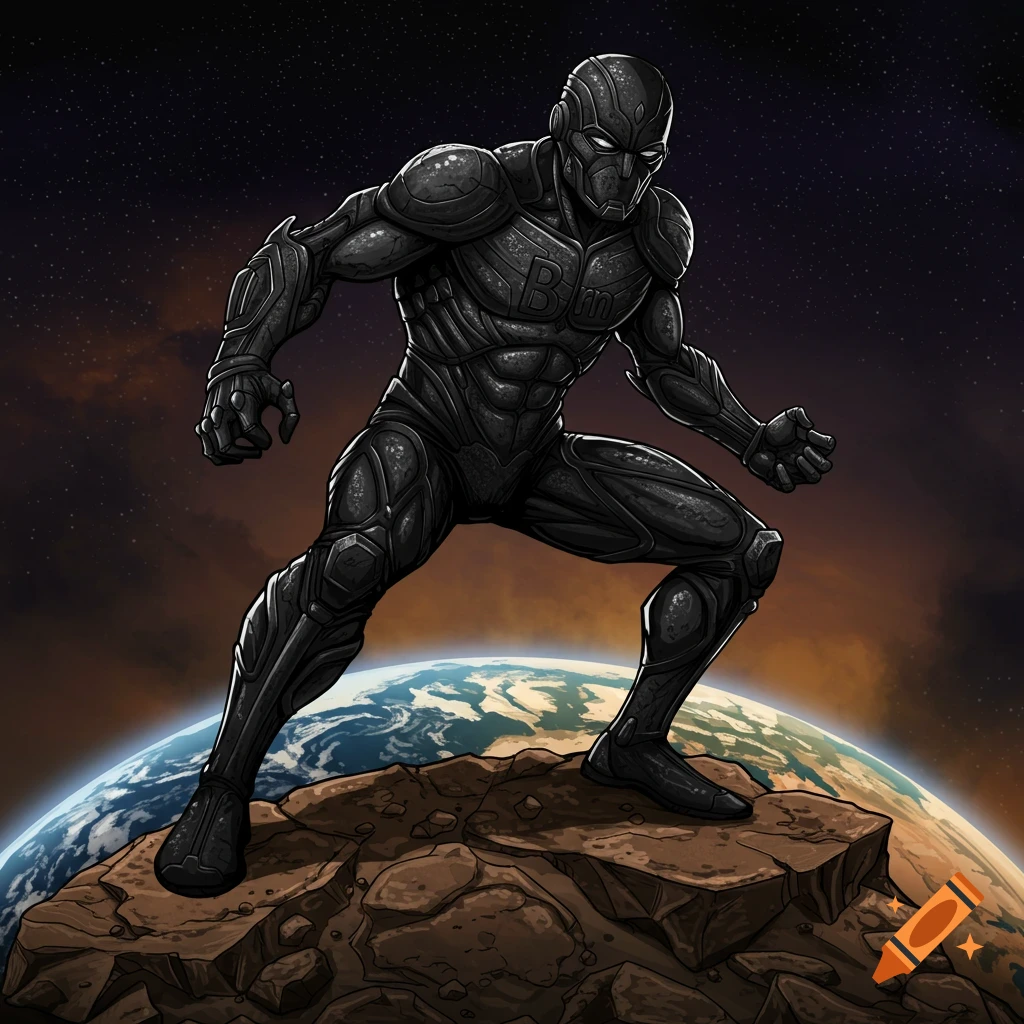 Boron-based superhero in dark clothes standing on Earth's crust drawing ...