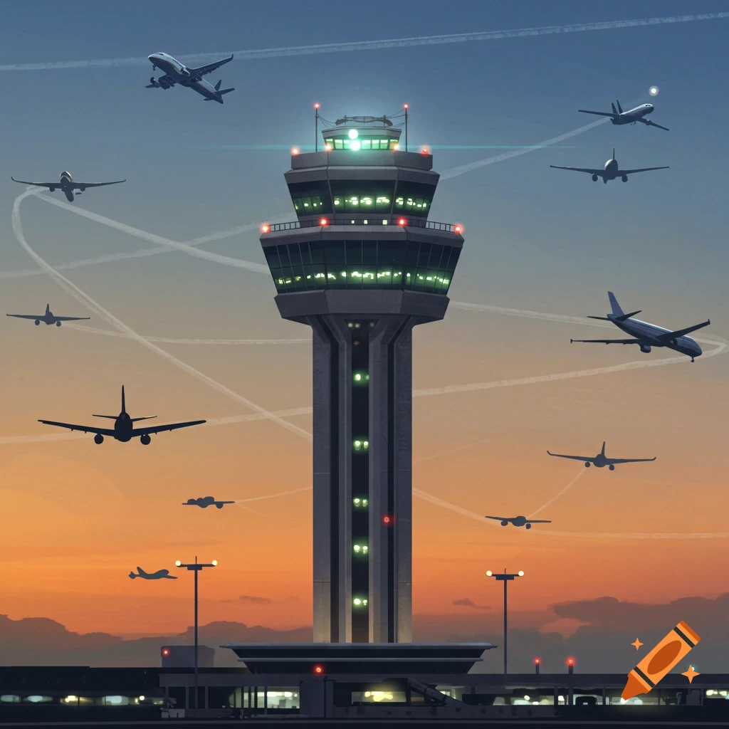 An airport control tower stands tall at sunset with multiple airplanes flying around it. on Craiyon