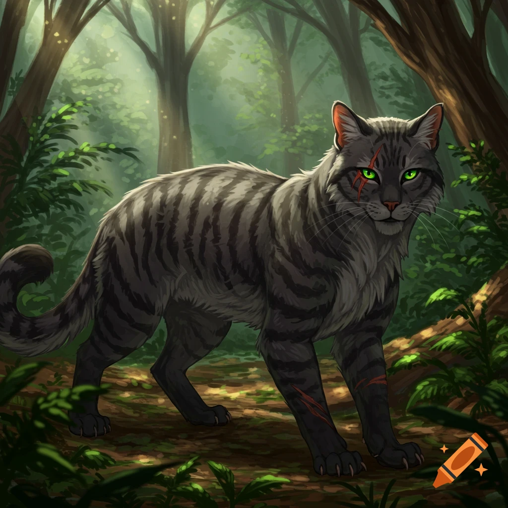 A dark gray striped cat with green eyes and scars stands in a sunlit ...