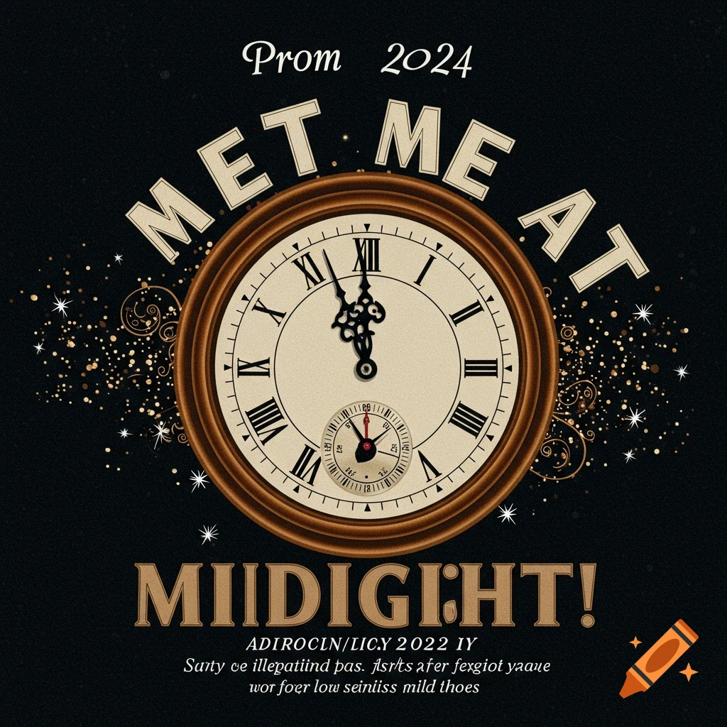 Prom 2024 graphic design with a clock set to midnight and the theme ...