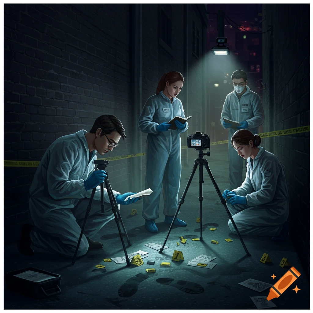 A forensics team in hazmat suits investigates a crime scene in a dark ...
