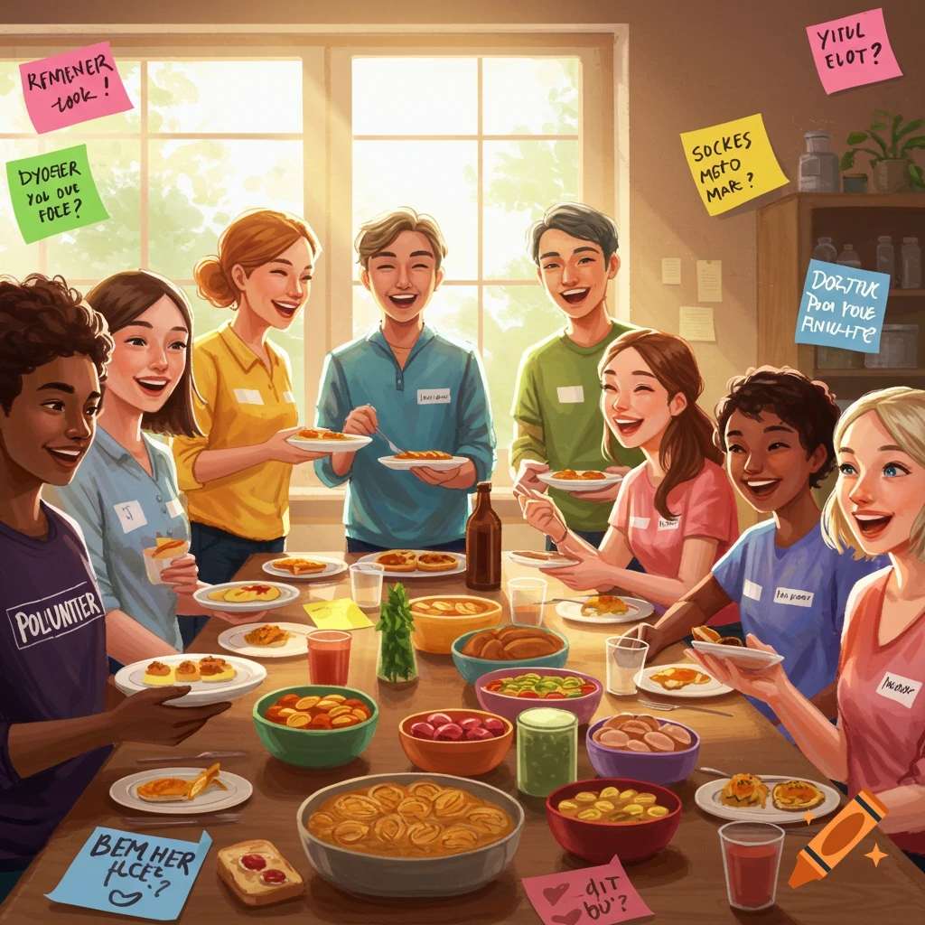 Illustration of a group of happy people eating lunch around a table ...