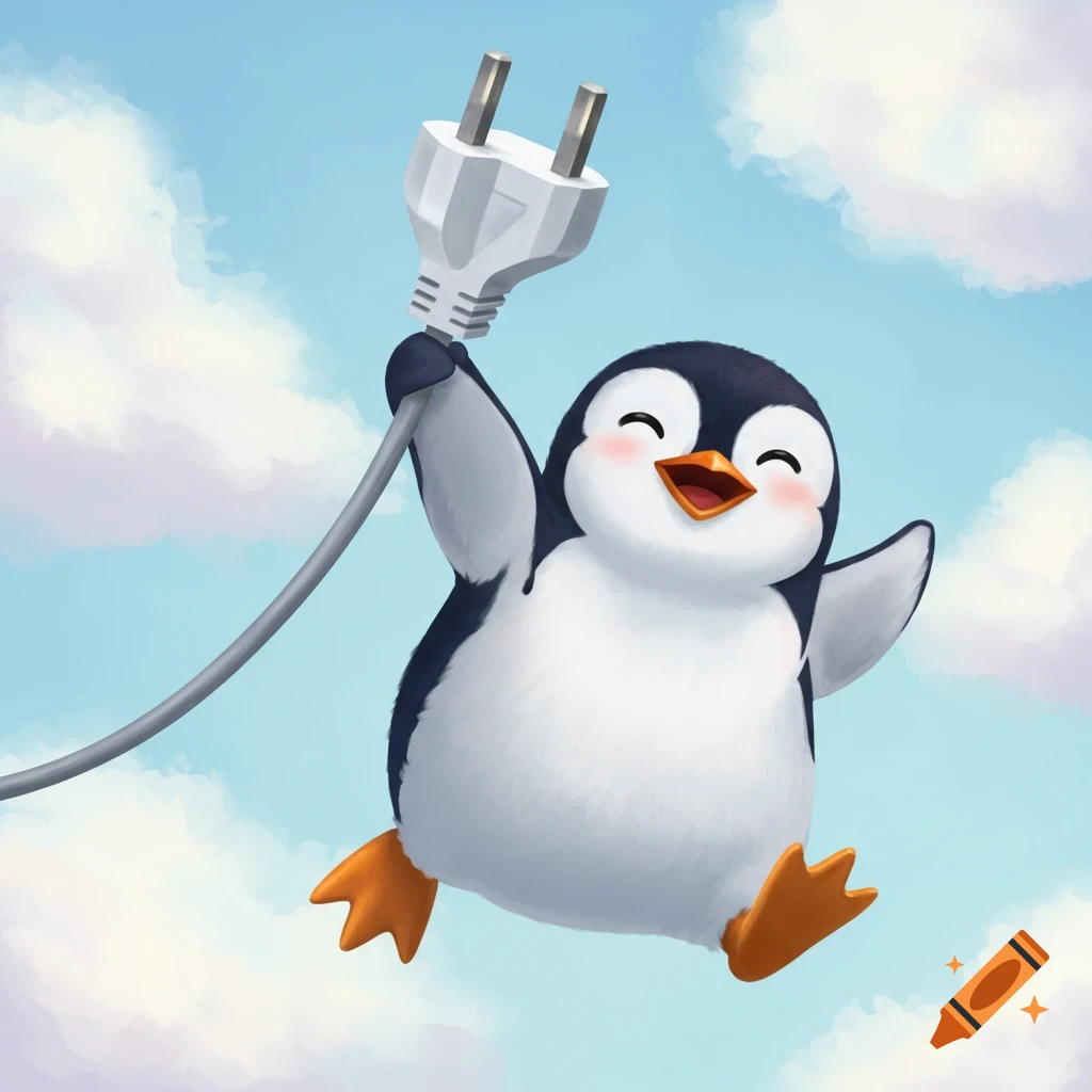 Happy penguin jumping with plug in the air on Craiyon