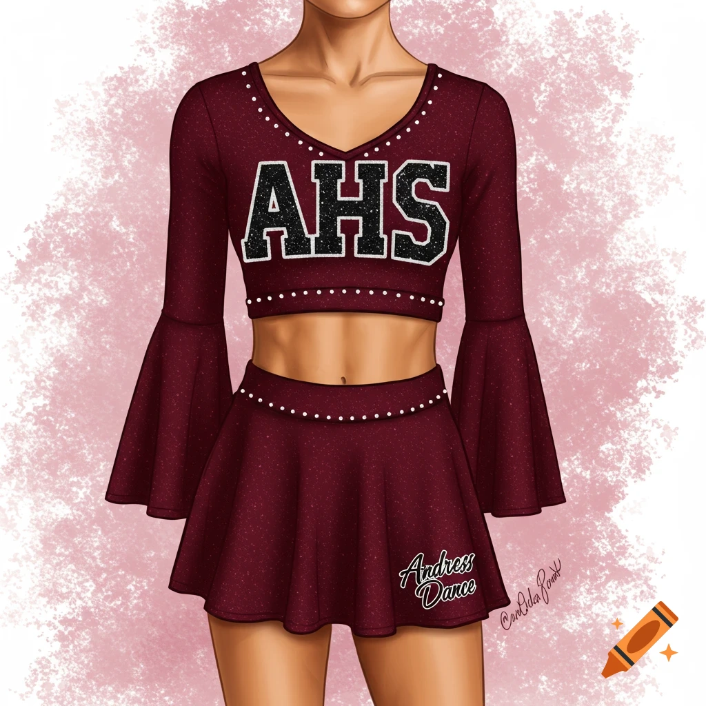 Illustration of a mannequin wearing a burgundy dance uniform with 'AHS ...