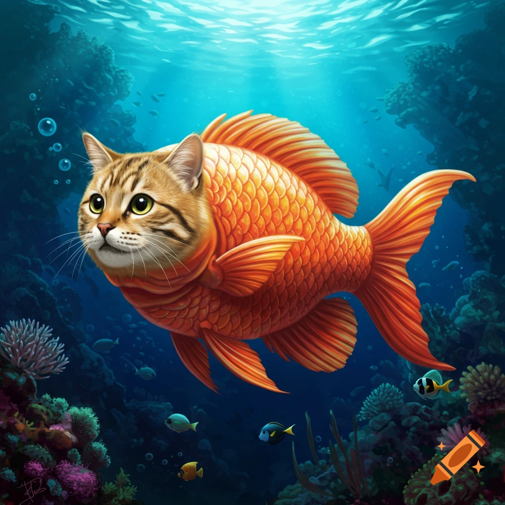 A creature with a cat's head and a dolphin's body swims underwater ...