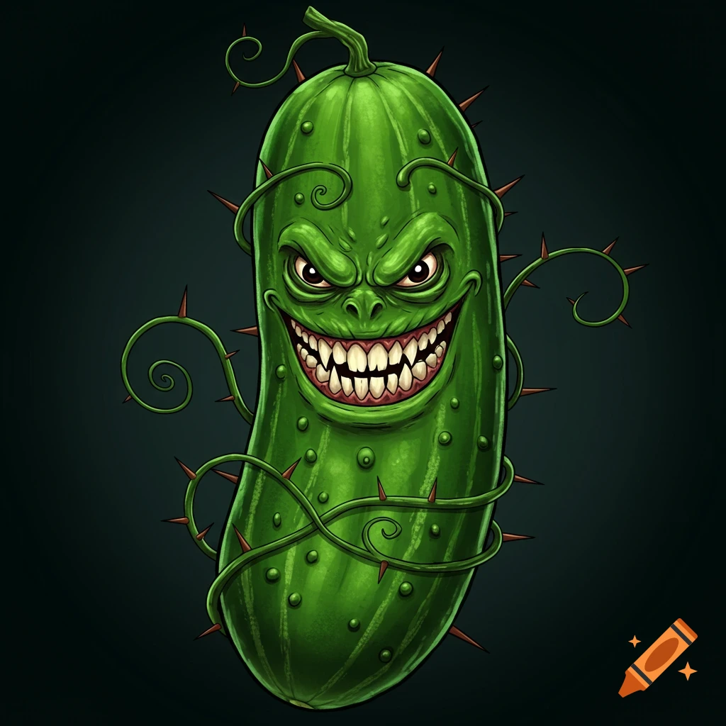 Illustration of a monstrous green cucumber with sharp teeth and thorny ...