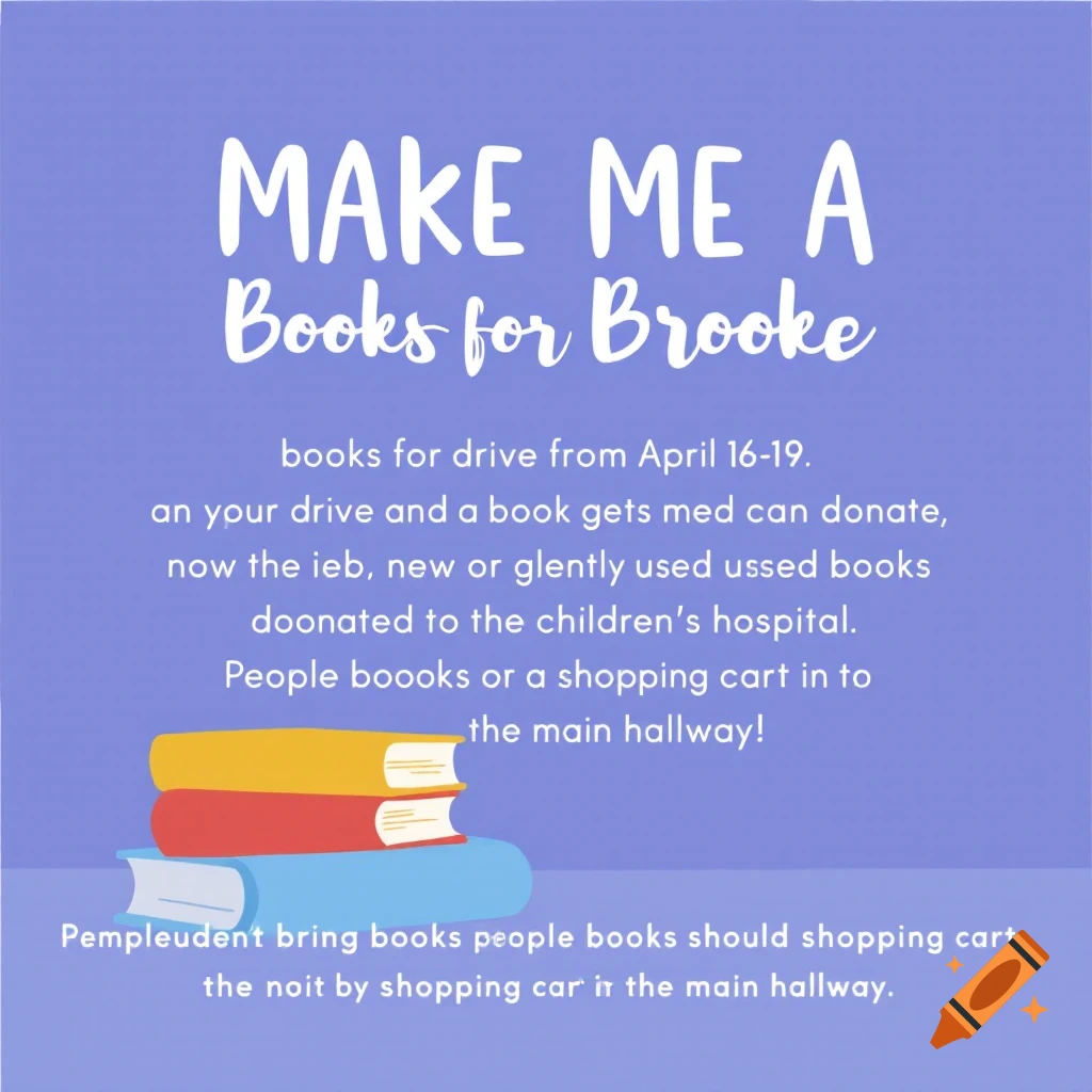 Poster advertising a book drive for Brooke from April 16-19 to benefit ...