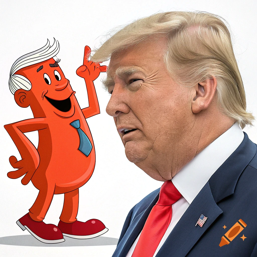 Donald Trump looks at the Kool-Aid Man cartoon character. on Craiyon