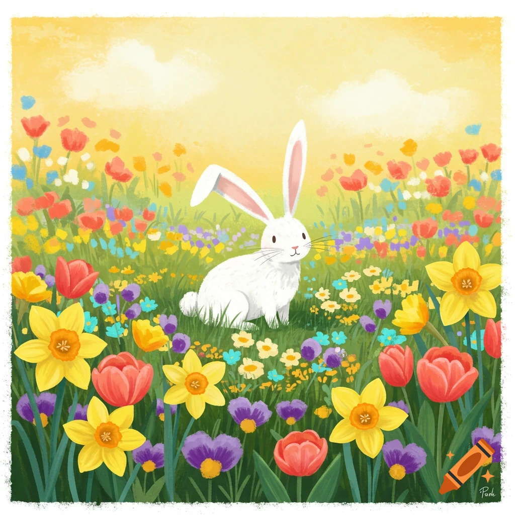 An illustration of a white bunny sitting in a field of colorful spring ...