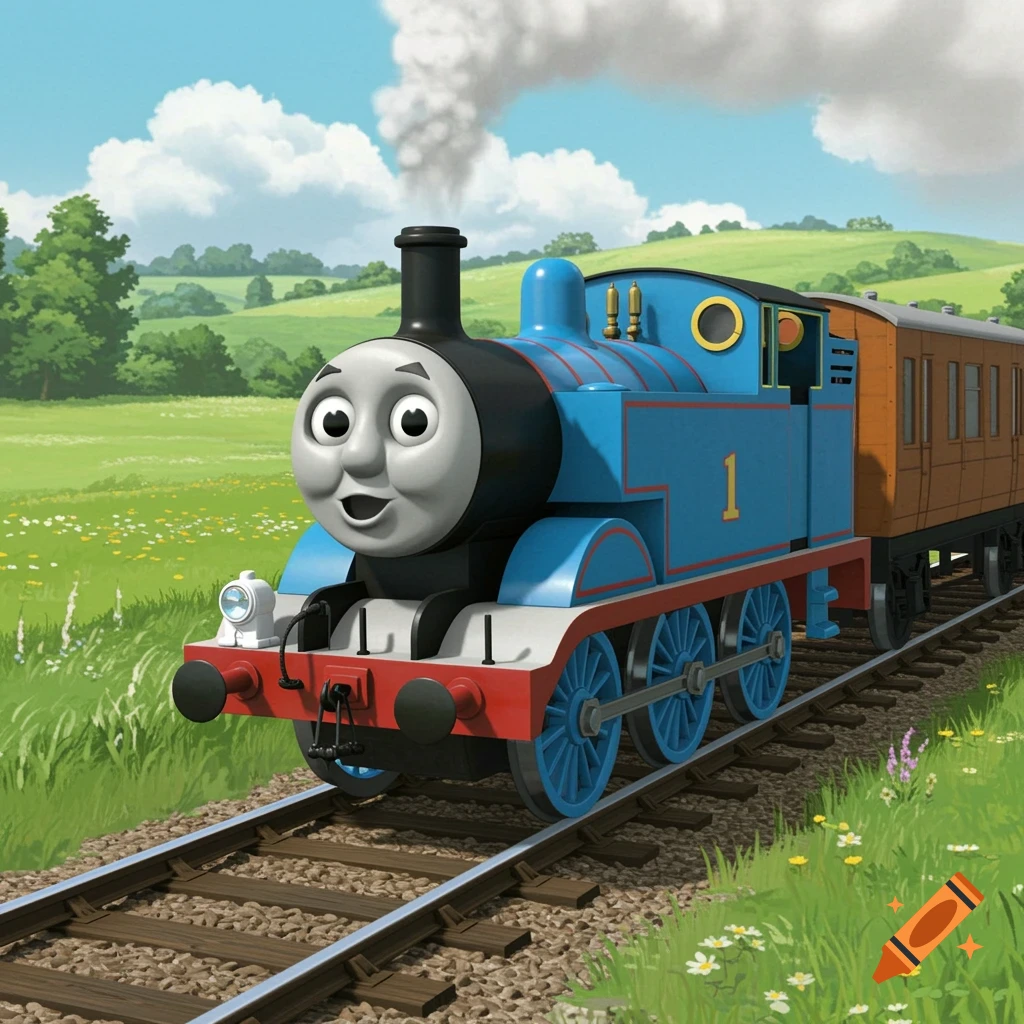 Thomas the Tank Engine on a train track in a sunny field, animated style. on Craiyon
