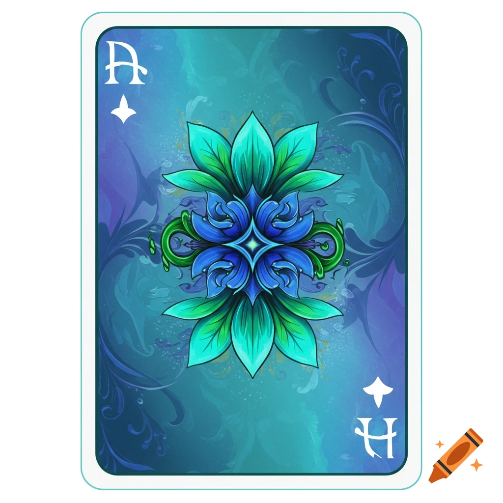 Playing card with an 'A' and a teal and blue stylized flower design. on ...