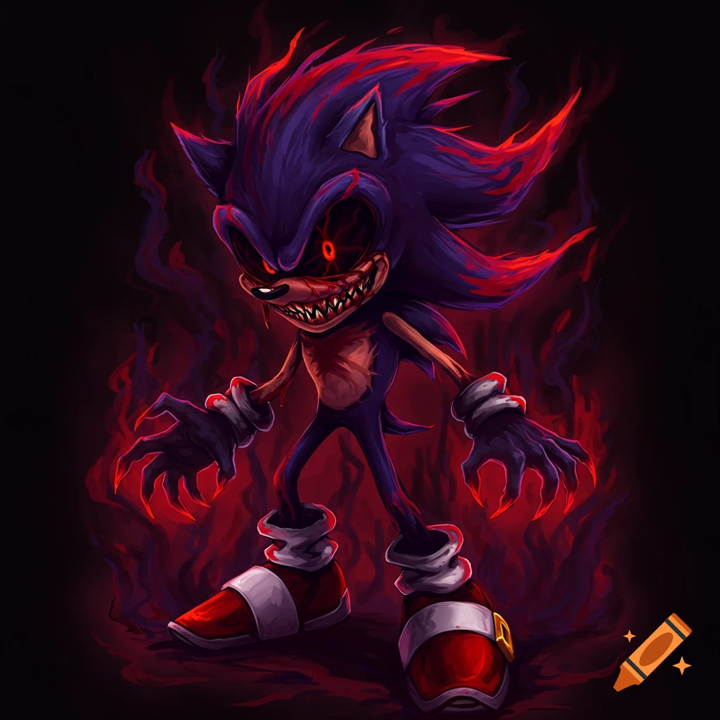 A monstrous dark blue Sonic with sharp teeth, glowing red eyes, and clawed hands stands in a ...