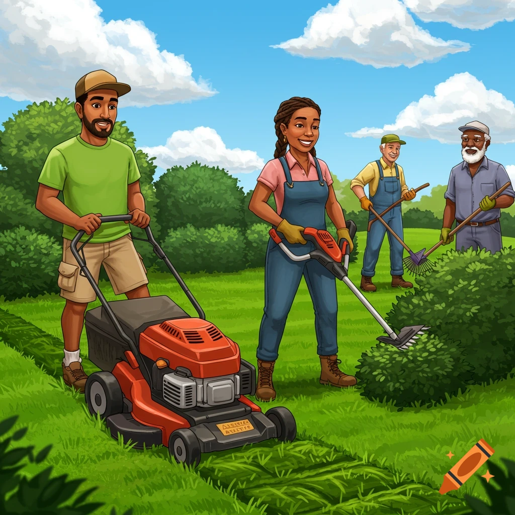 Illustrated image of a diverse group of people doing yard work: a man ...