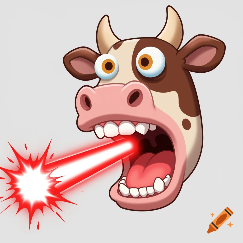 Cartoon cow with googly eyes shoots a green laser from its mouth on Craiyon
