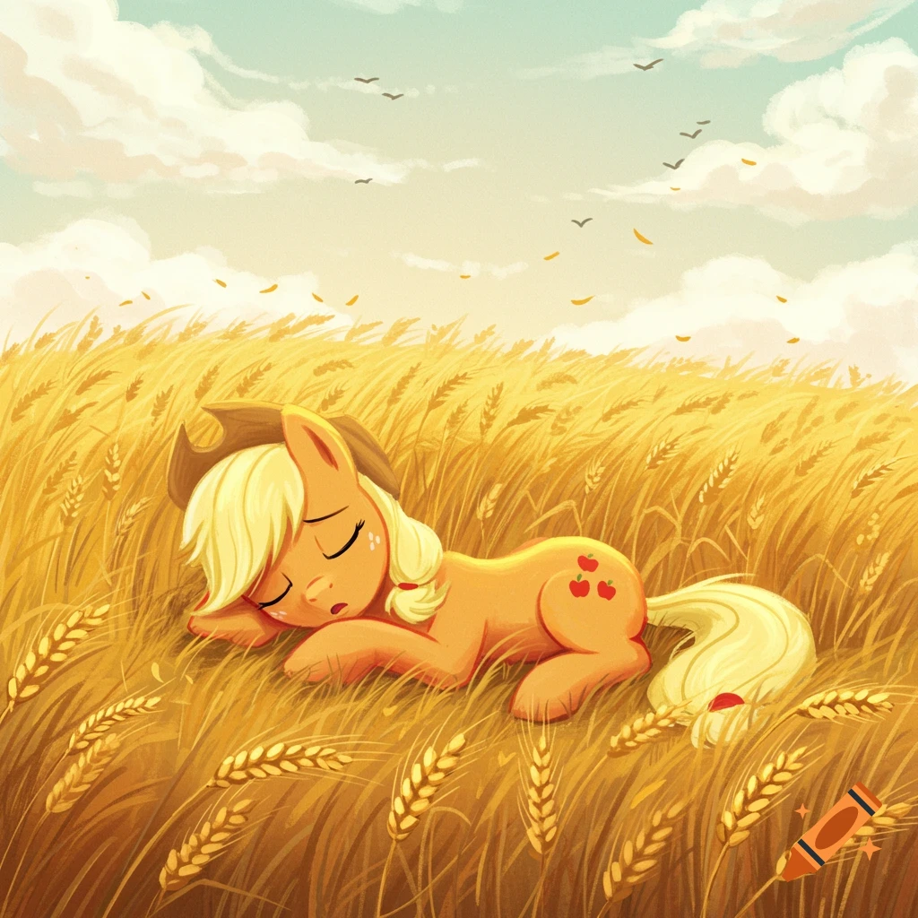 Applejack peacefully sleeping in a wheat field on Craiyon