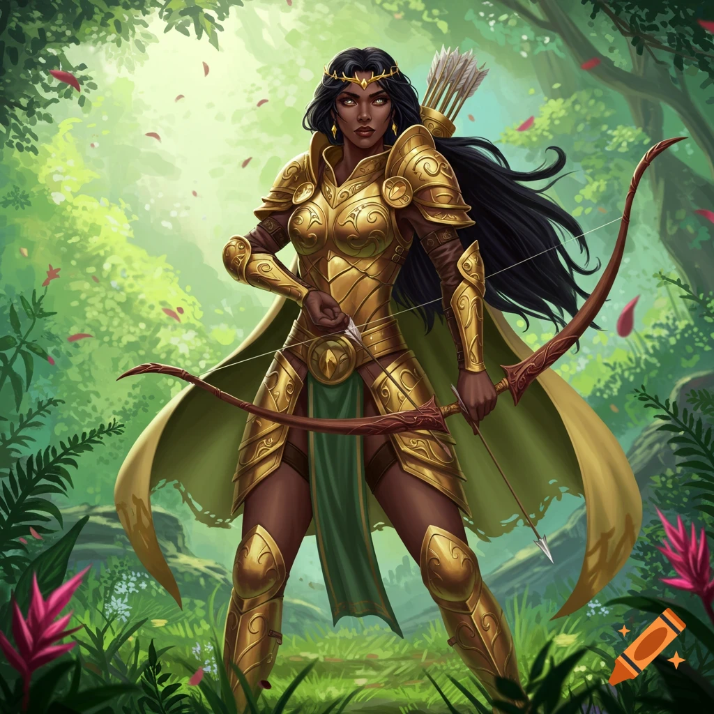 Fantasy illustration of a dark-skinned female warrior in golden armor holding a bow in a forest ...