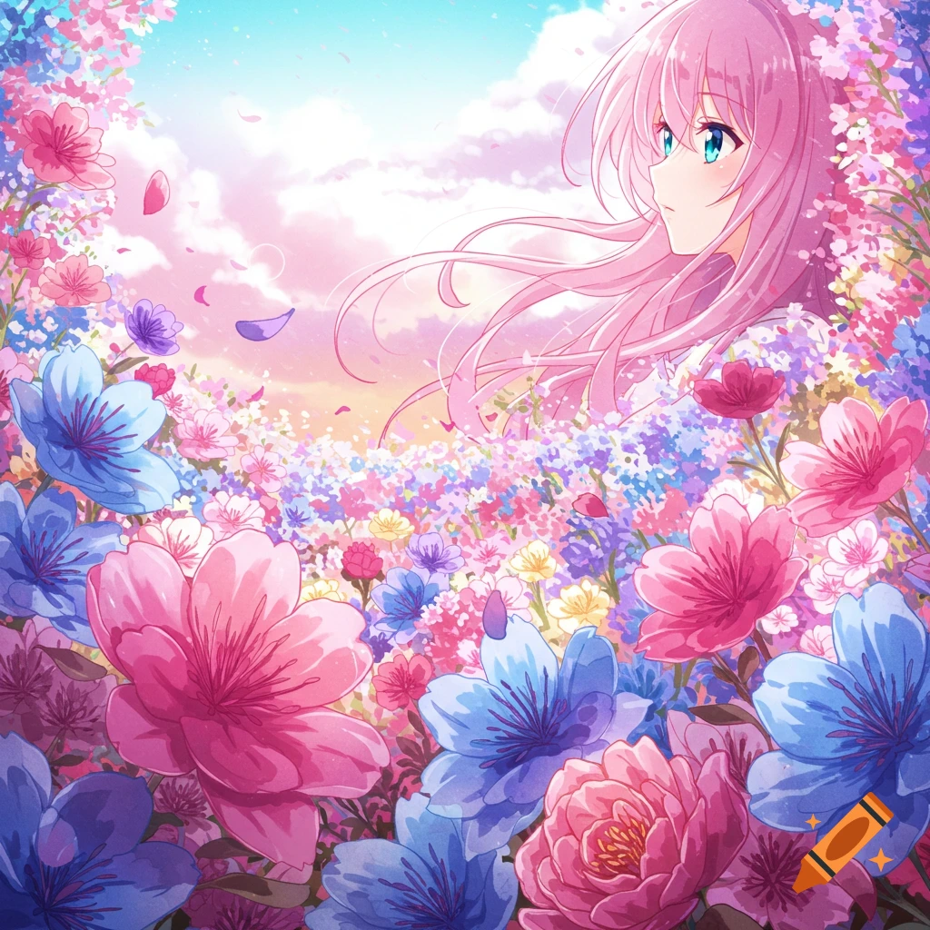 Anime girl with flower background on Craiyon