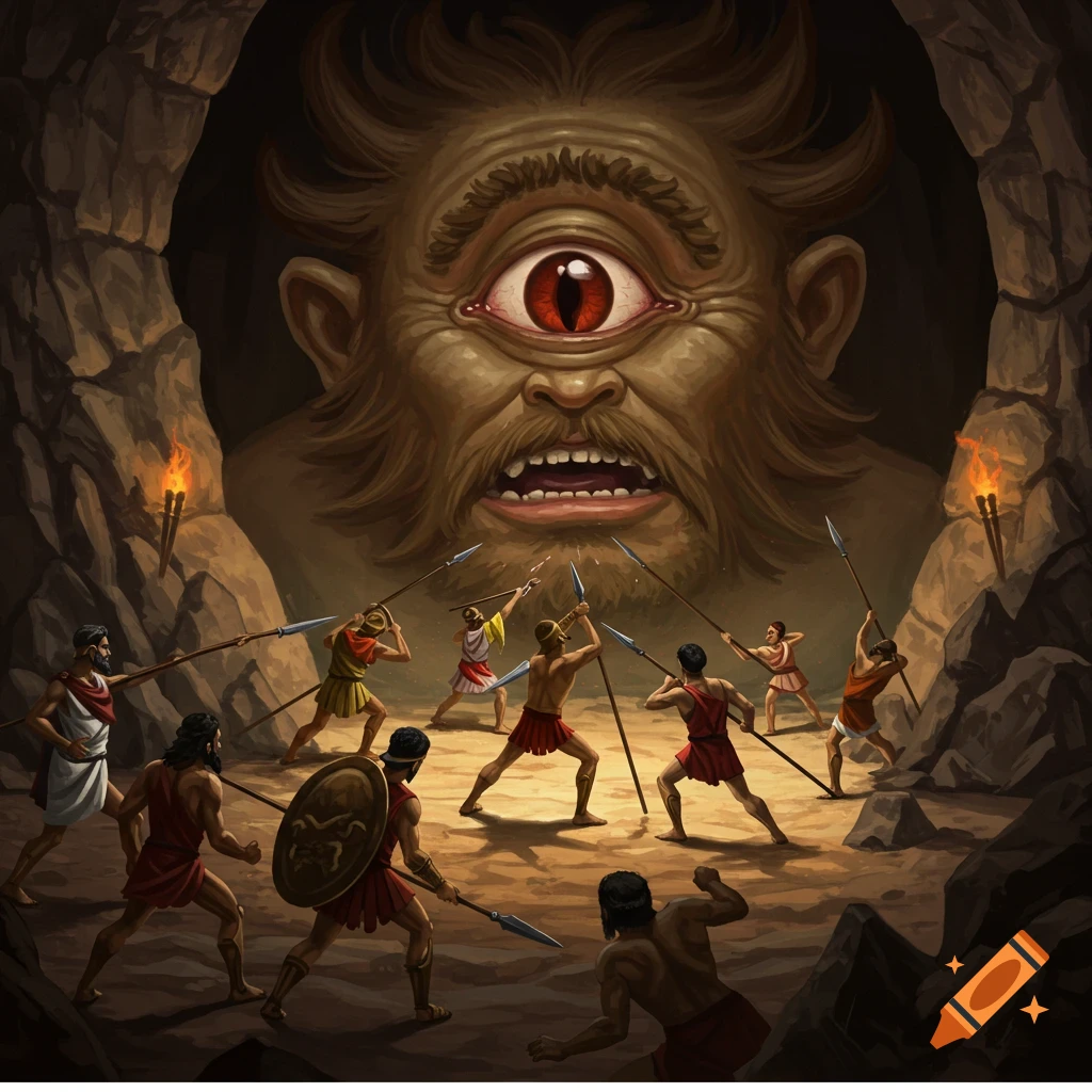 Illustrative depiction of Odysseus and his men fighting a giant cyclops in a cave. on Craiyon