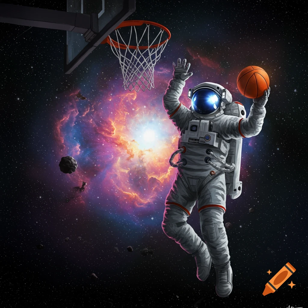 An astronaut dunks a basketball in front of a vibrant nebula in space ...