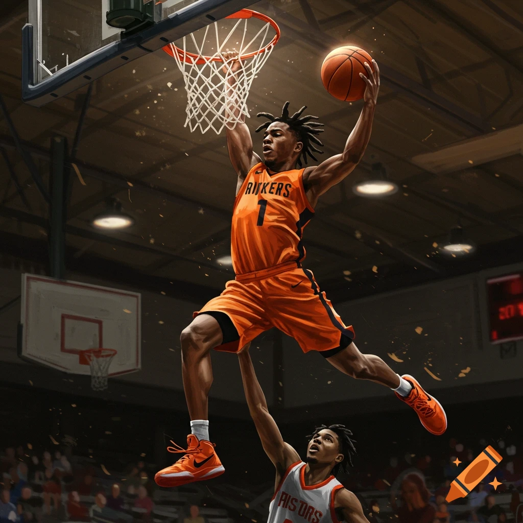 Basketball player in orange jersey dunking a ball during a game. on Craiyon