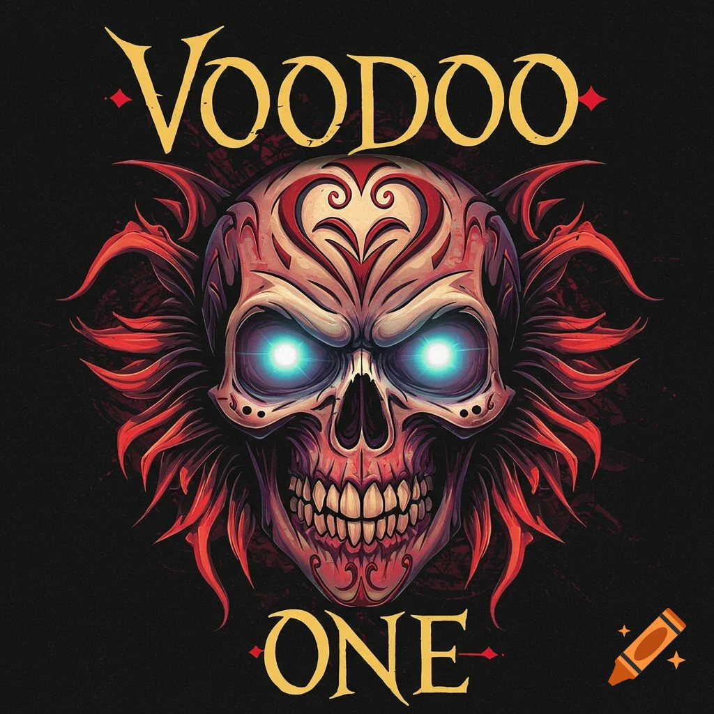 Stylized skull band logo with glowing eyes, red accents, 'Voodoo' above ...
