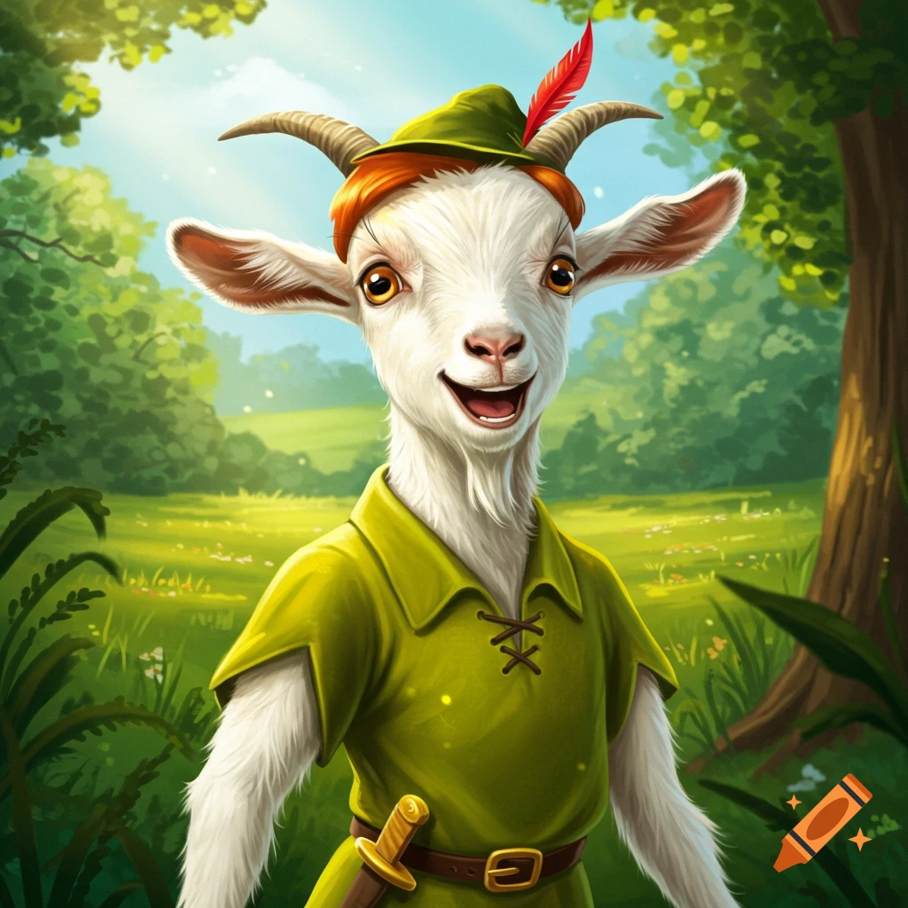 A goat dressed in a green Peter Pan costume stands in a forest, holding ...